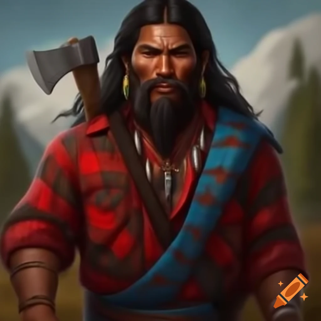 Native American man in flannel shirt and suspenders holding a Viking ...