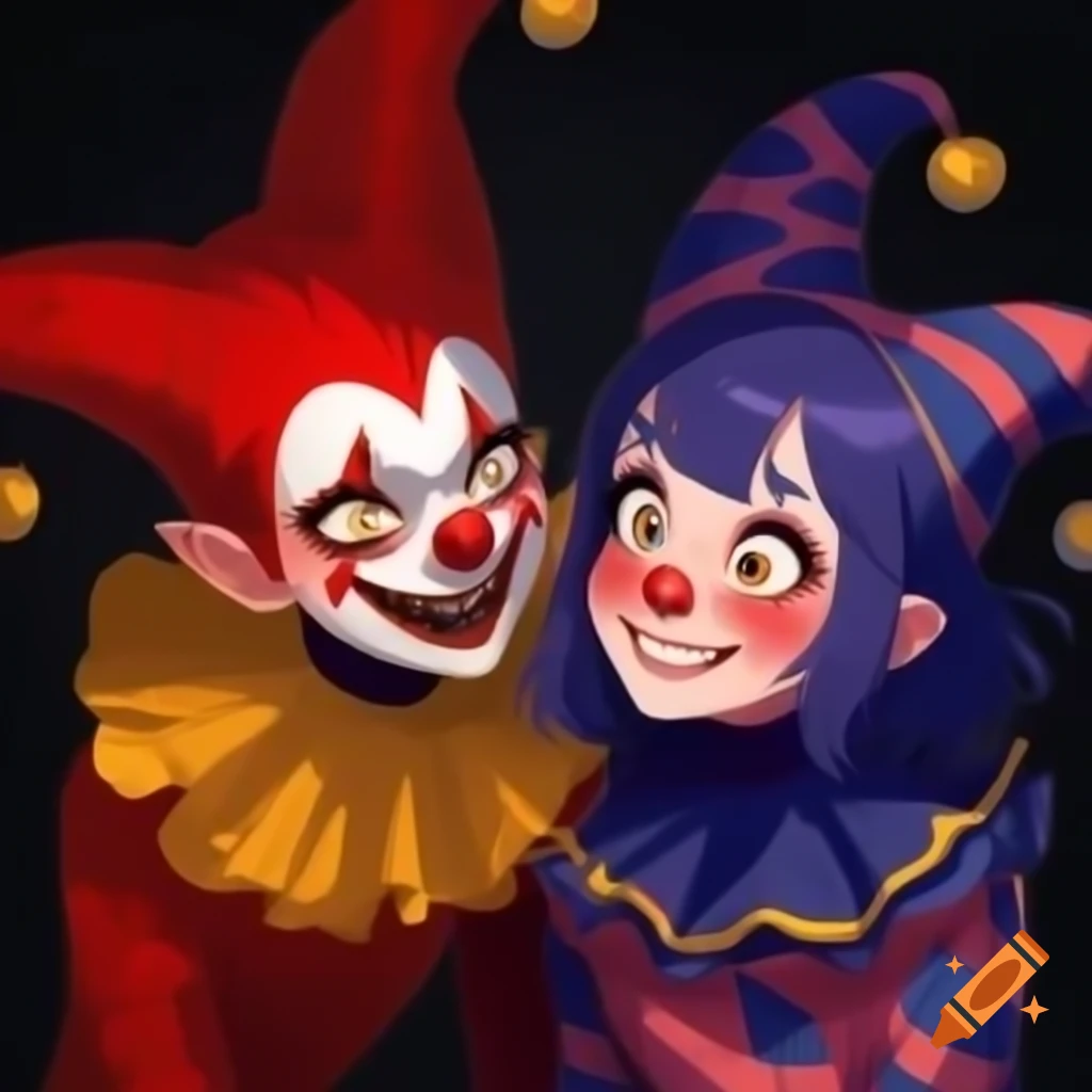Anime jester in vibrant colors with dark companion sharing a moment on ...
