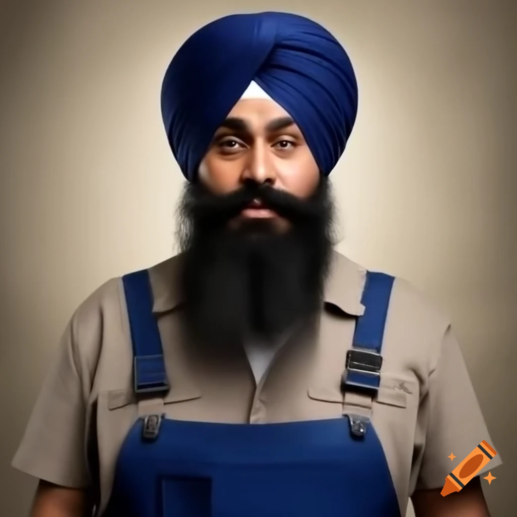 Full body illustration of a Sikh plumber holding a plunger, wearing a ...