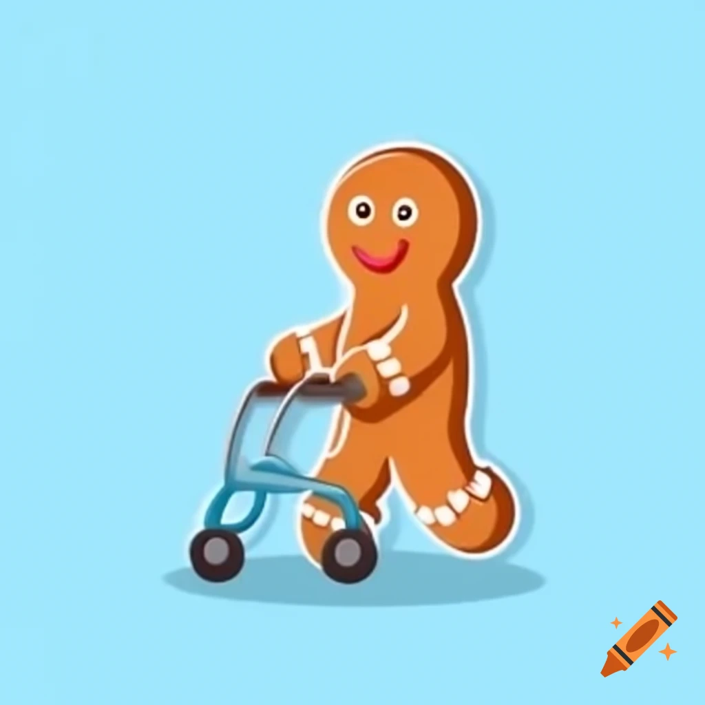 Cartoon gingerbread man with mobility walker on Craiyon