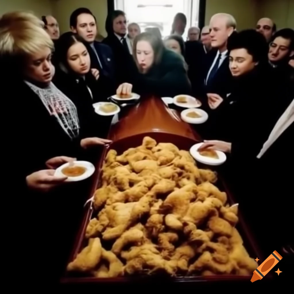 People enjoying fried chicken and smiling at a funeral gathering on Craiyon