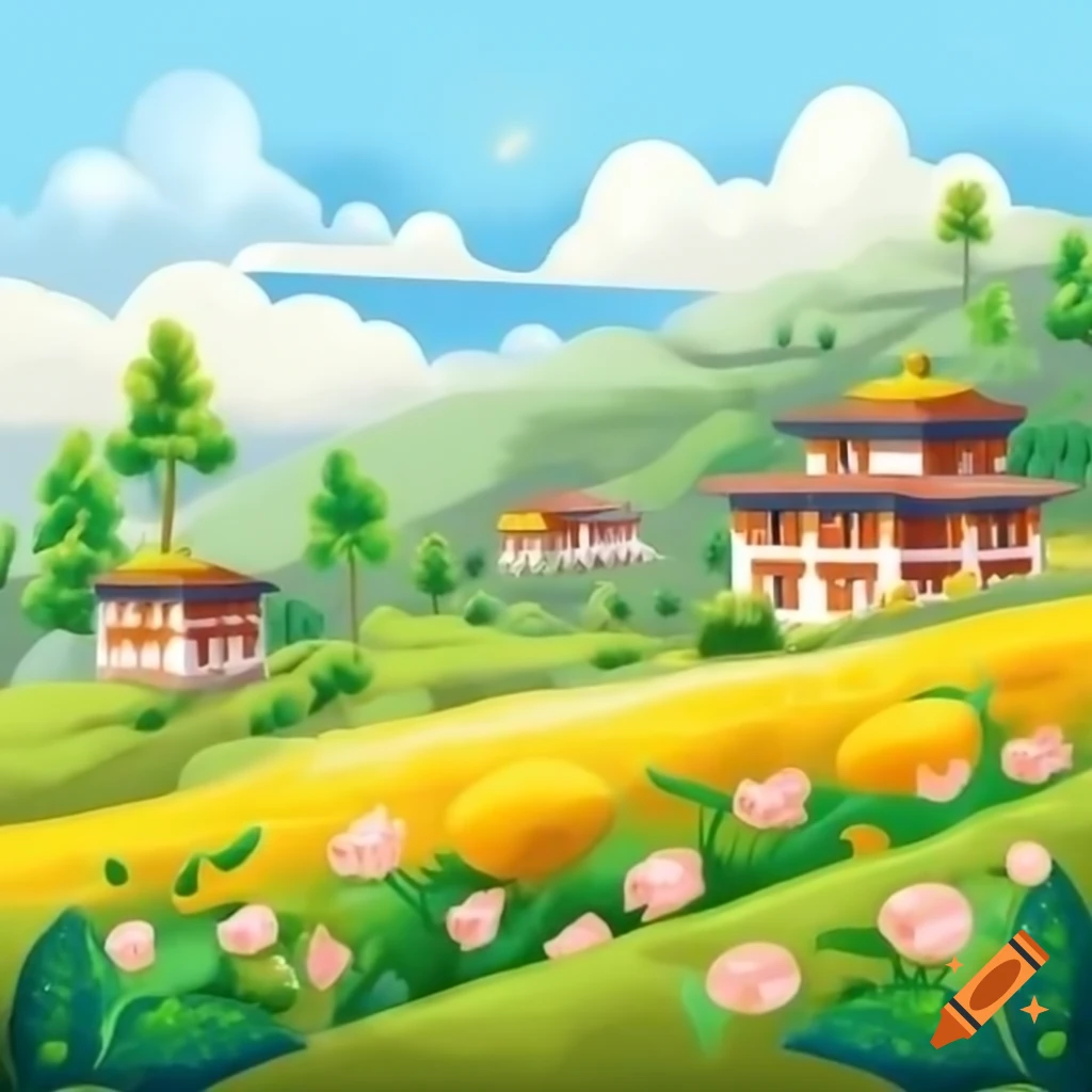 Scenic view of Gelephu, Bhutan with areca and coconut trees, blooming ...