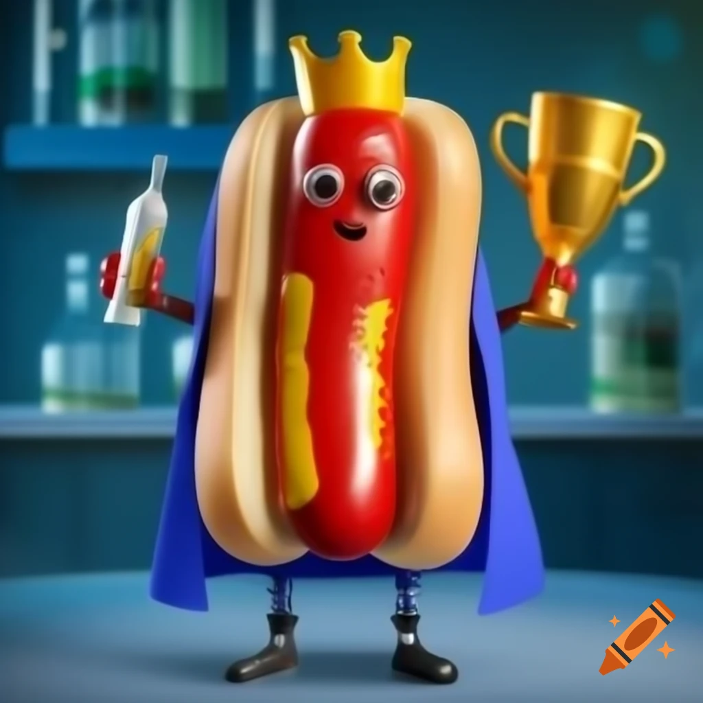 Cartoon hotdog character in regal costume with lab equipment background ...