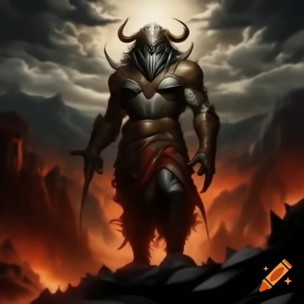 Ancient rocky landscape with fiery skies and powerful demon bhasmasur ...