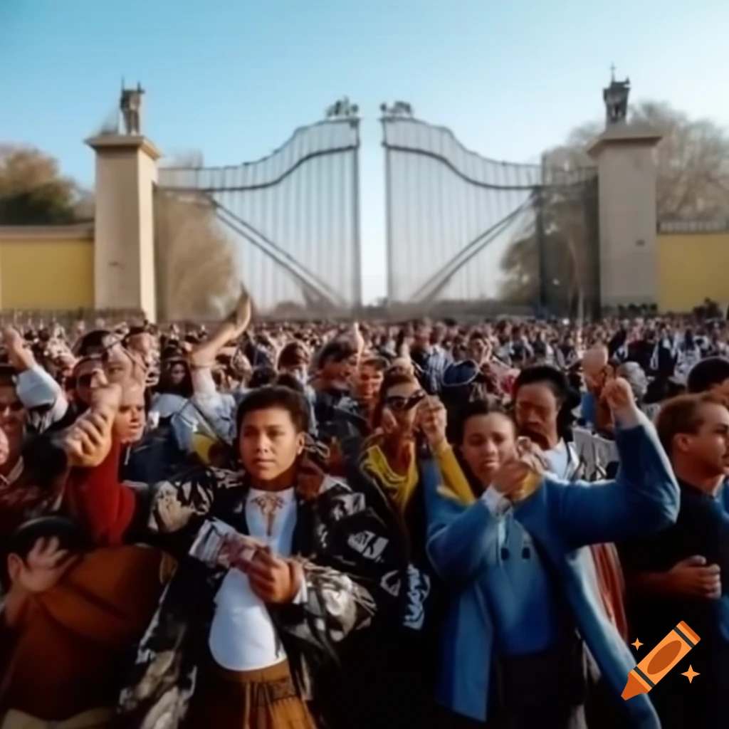 Crowd in colorful shirts and jackets protesting in front of a gate on a ...