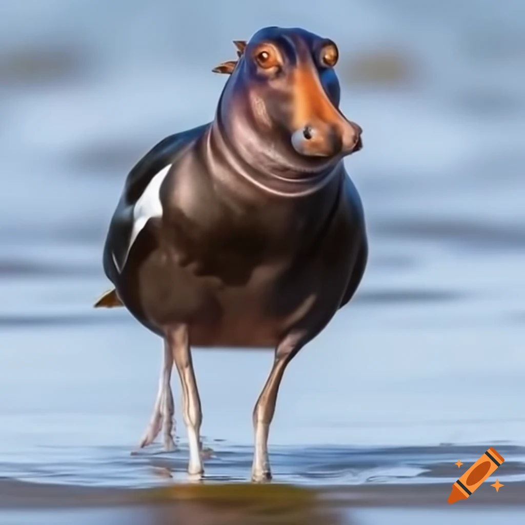 Hybrid creature with hippo head and oystercatcher body wading in ...