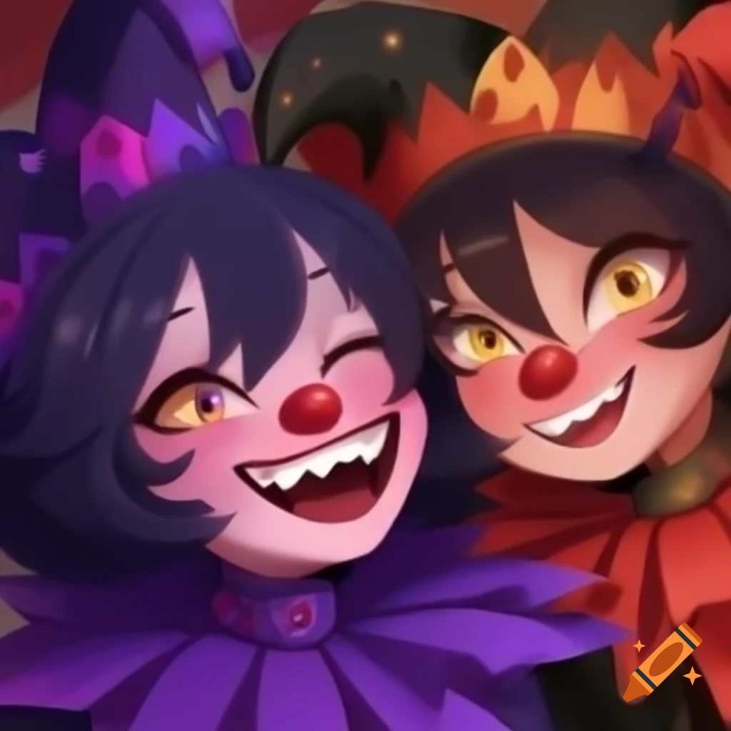 Anime jester in vibrant colors interacting with enigmatic friend in ...