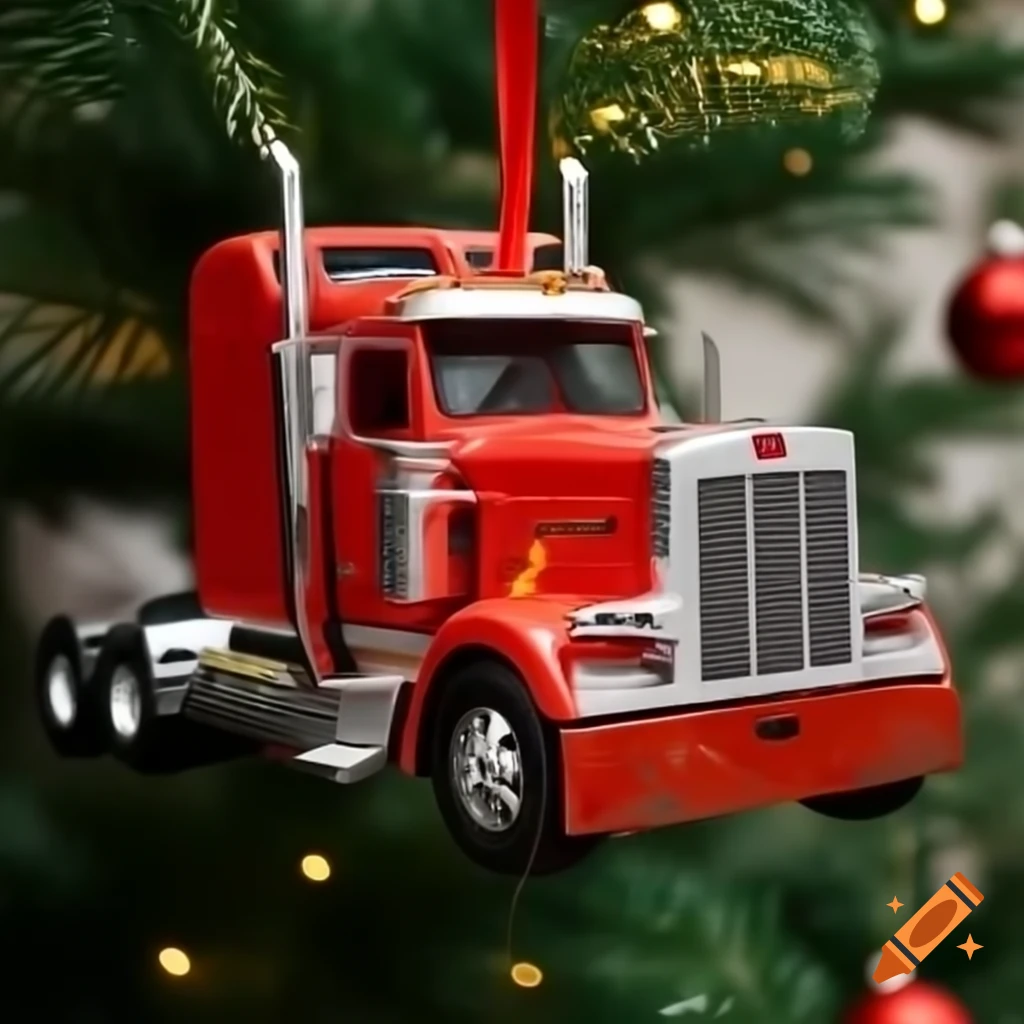 Small red Peterbilt semi truck ornament on Christmas tree on Craiyon