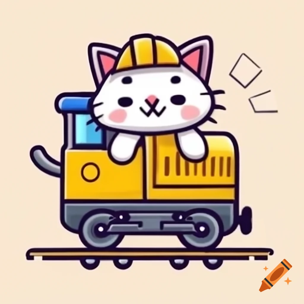 Happy cat in engineer's cap sitting in locomotive on train track on Craiyon