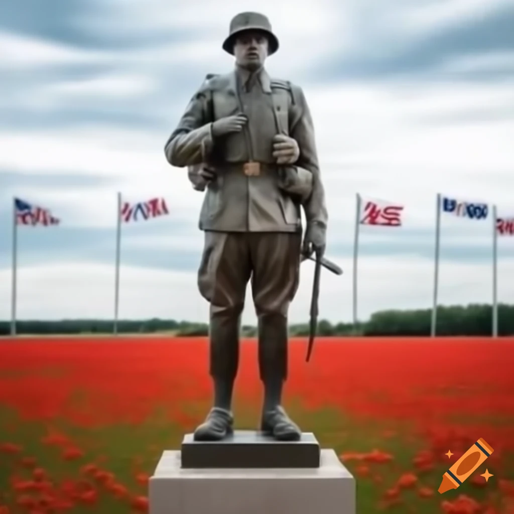 Bronze soldier statue in ww2 gear saluting canadian and american flags ...