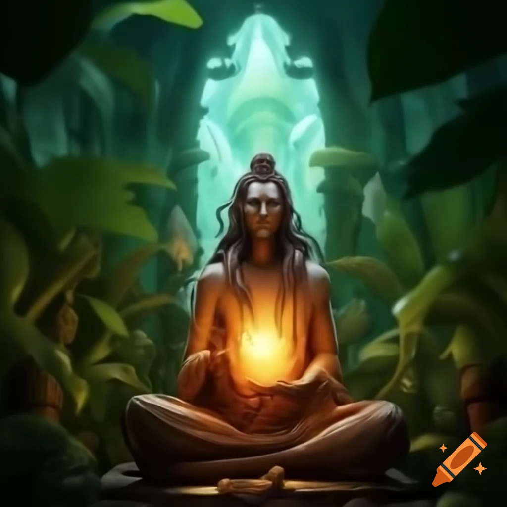 Statue of a god holding glowing jewel in jungle temple room on Craiyon