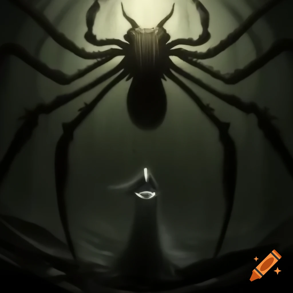 Colossal queen spider with burning eyes surrounded by swarming spiders ...