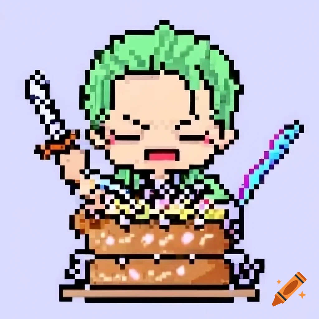 Chibi pixel art of Zoro holding birthday cake with three swords on Craiyon
