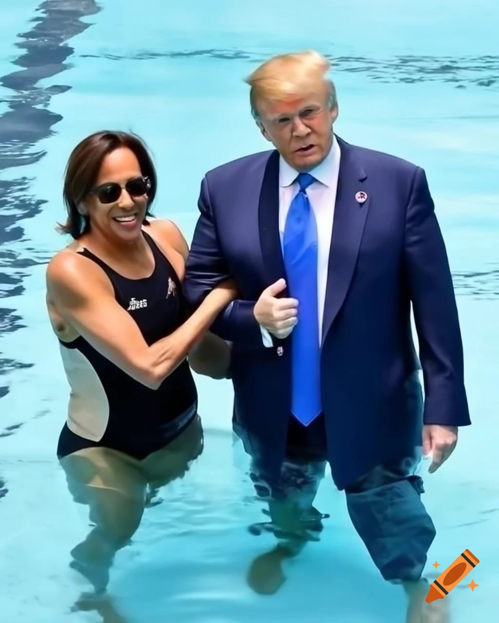 Kamala Harris and Donald Trump in a swimming pool wearing swimwear on ...