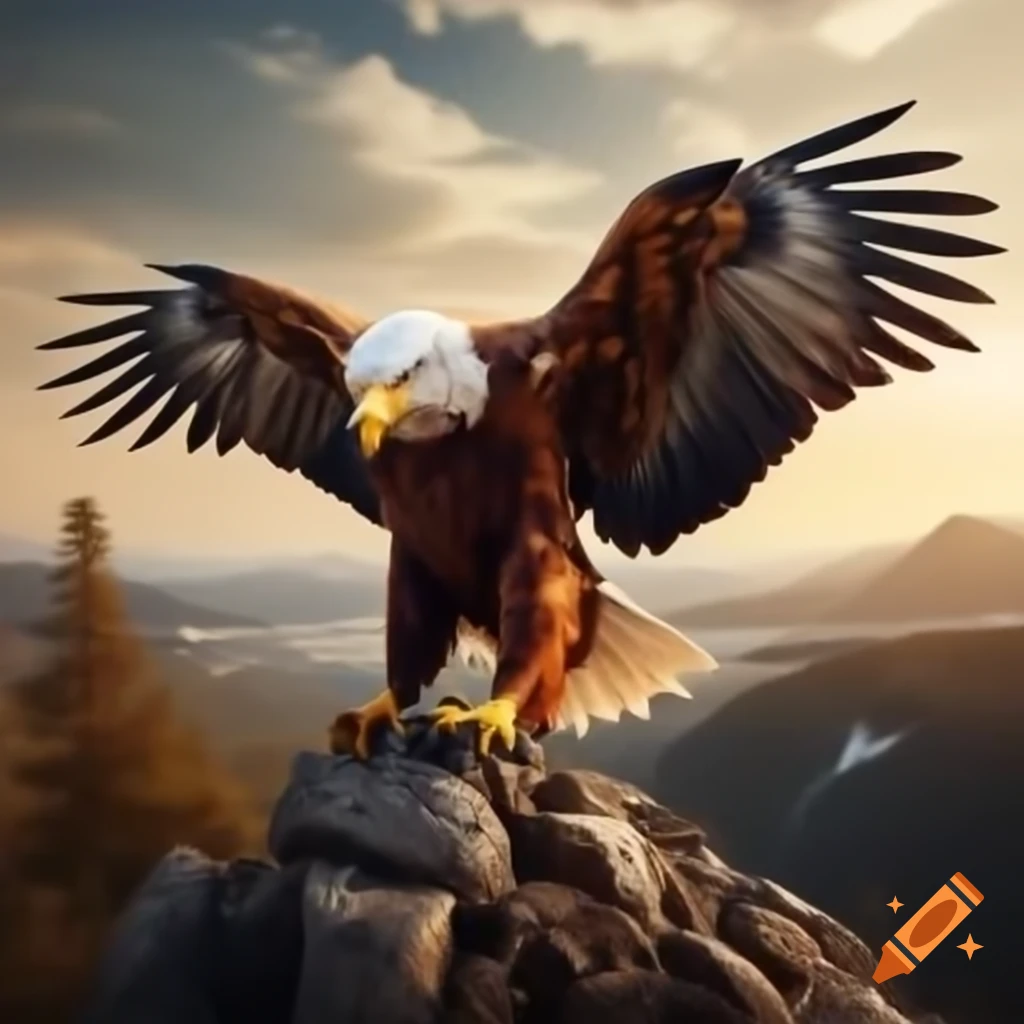 Majestic eagle's nest on rugged cliff with mountain range view on Craiyon