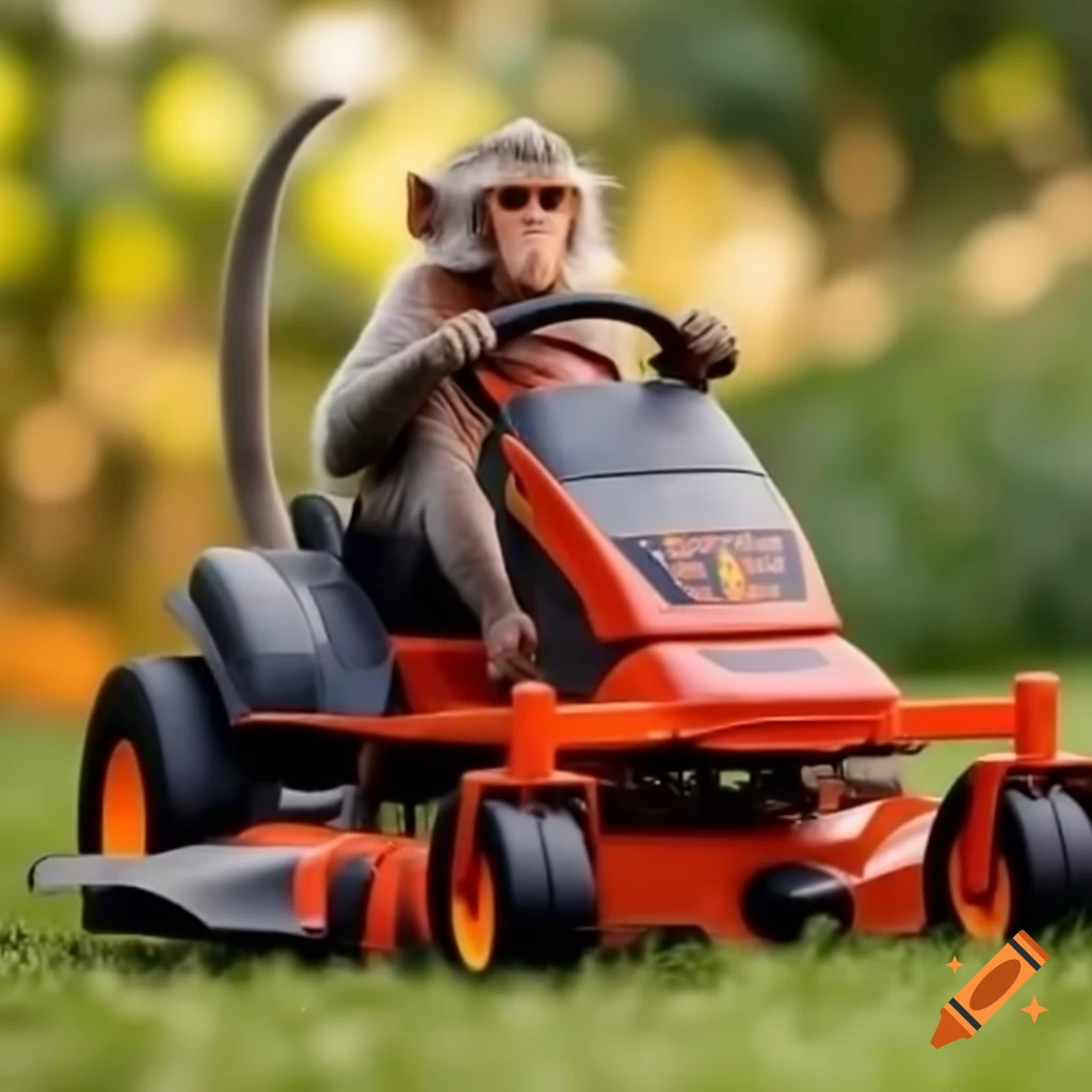 Monkey riding a Vanguard branded sit-in mower on Craiyon