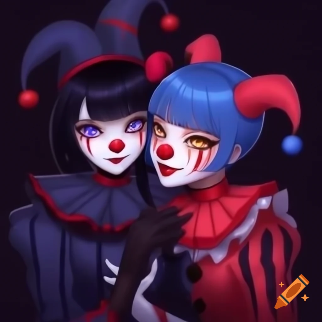 Colorful anime clown girl with dark harlequin girl sharing a moment on ...