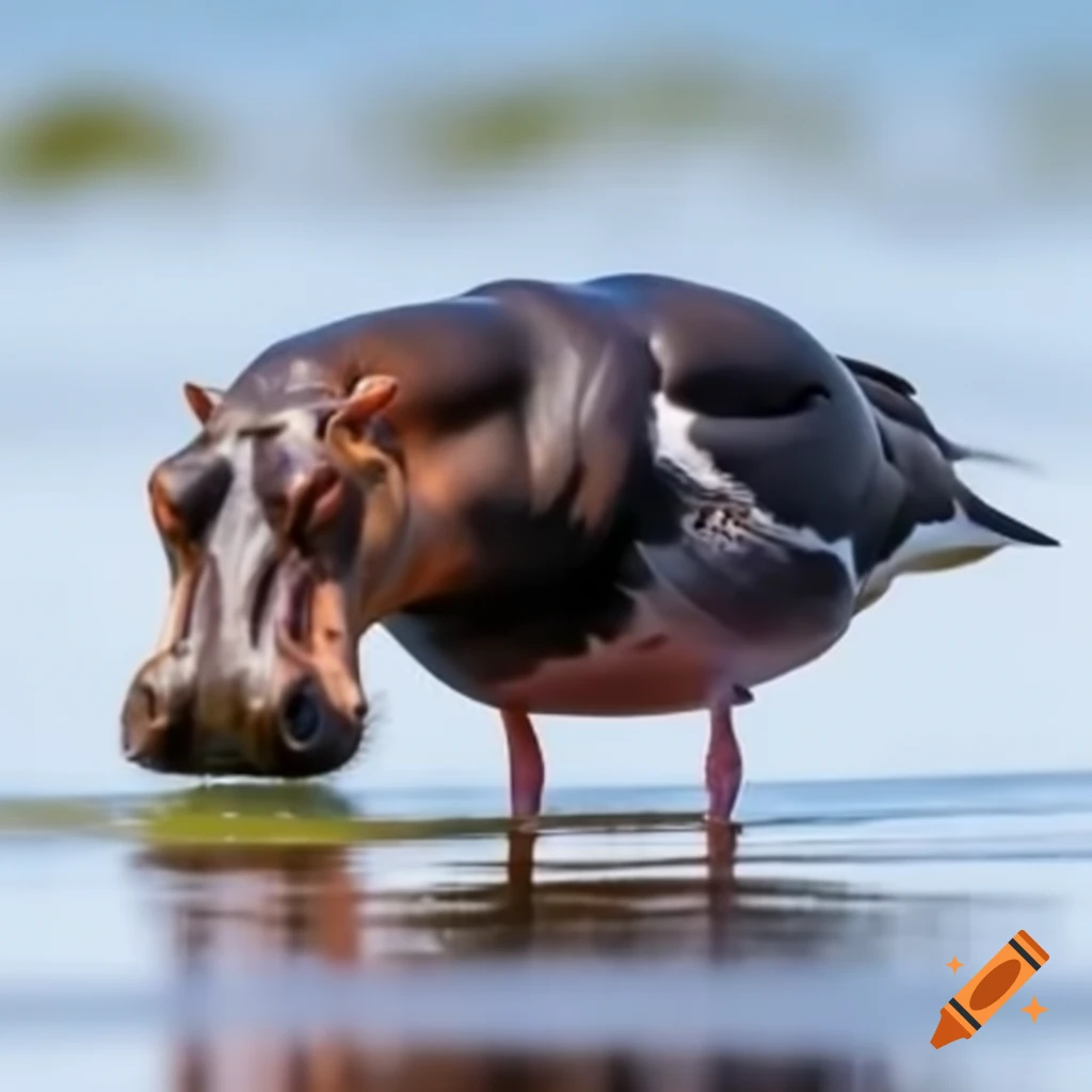Hybrid creature with hippo head and oystercatcher body wading in ...