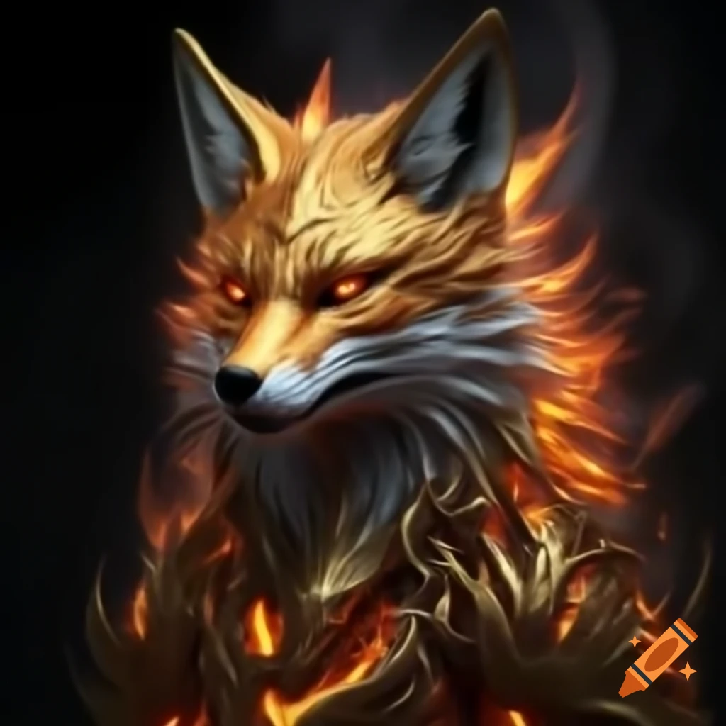 Golden kitsune made of fire with glowing eyes and multiple tails on Craiyon