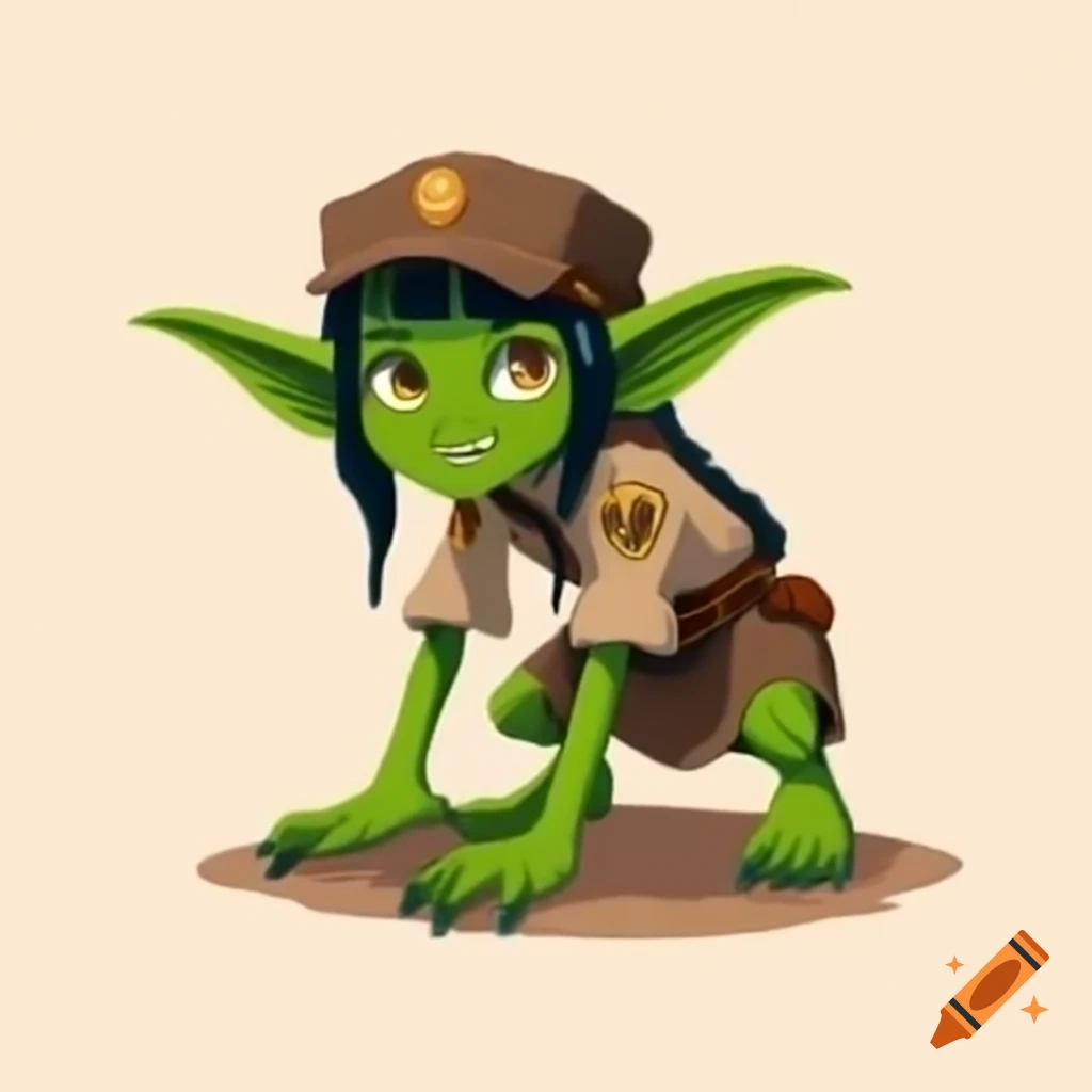 Goblin girl in sheriff uniform crouching barefoot, anime style on Craiyon