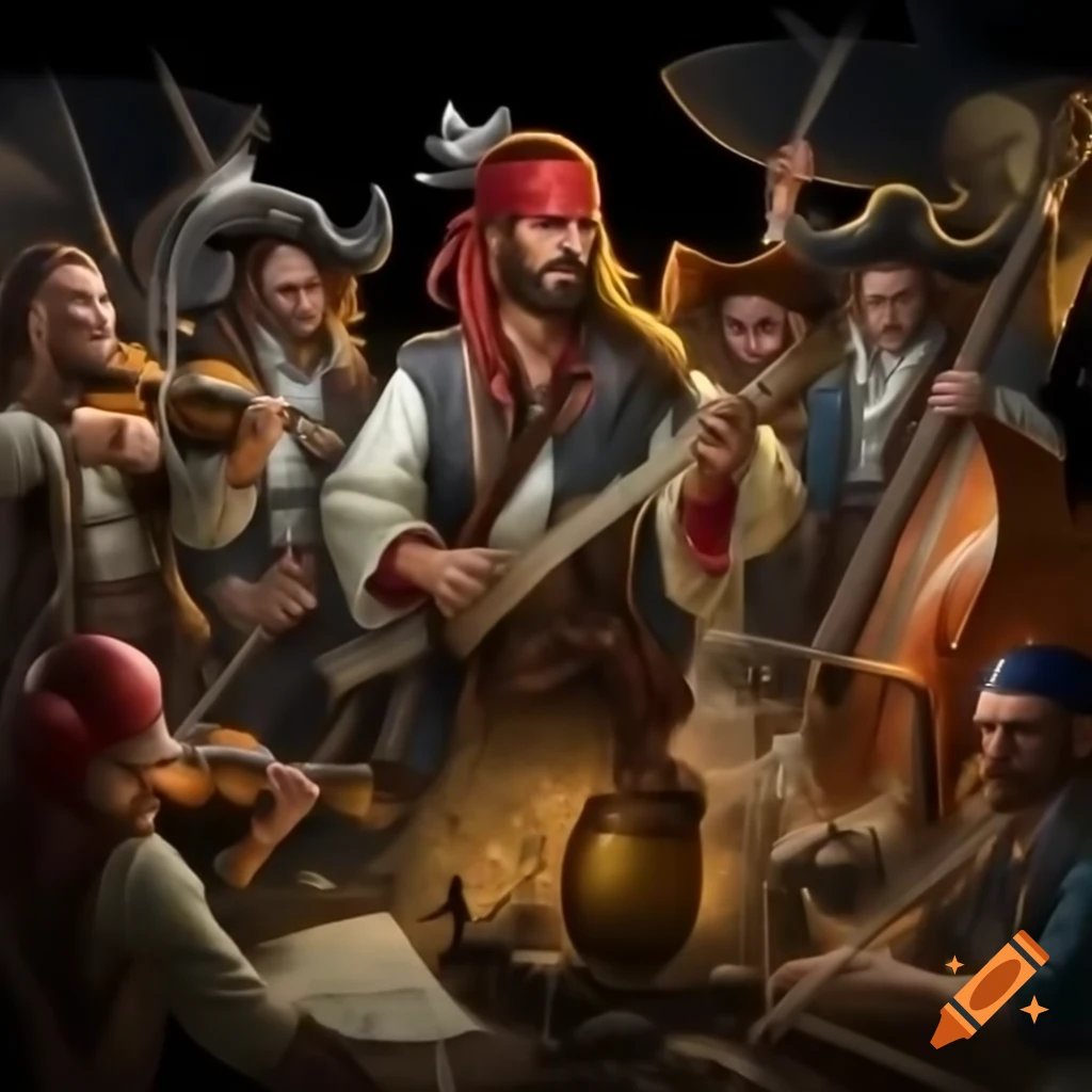 Pirates playing music at night party with instruments and a barrel of ...