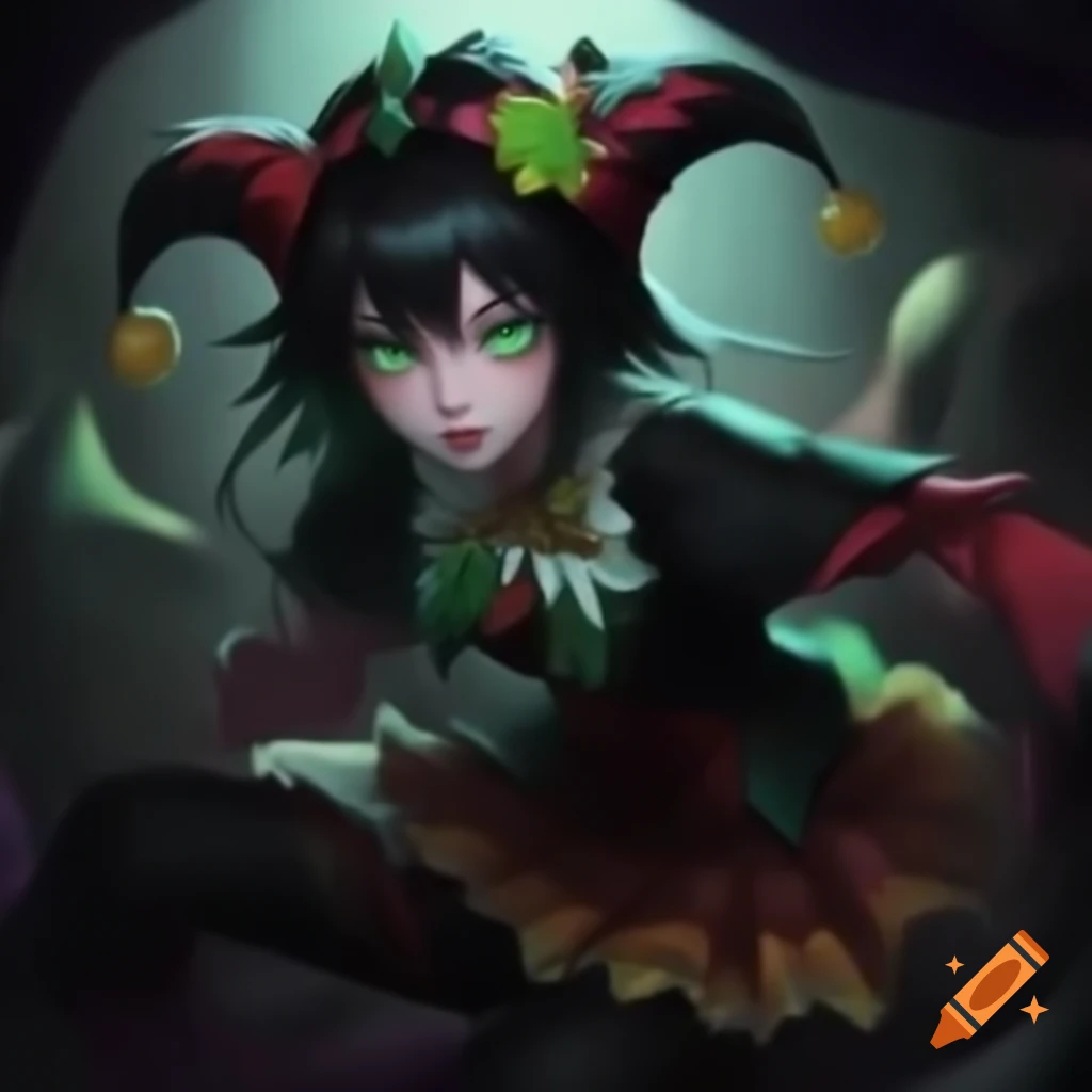 Crouching girl with black hair and emerald eyes in jester crown and patchwork skirt on Craiyon