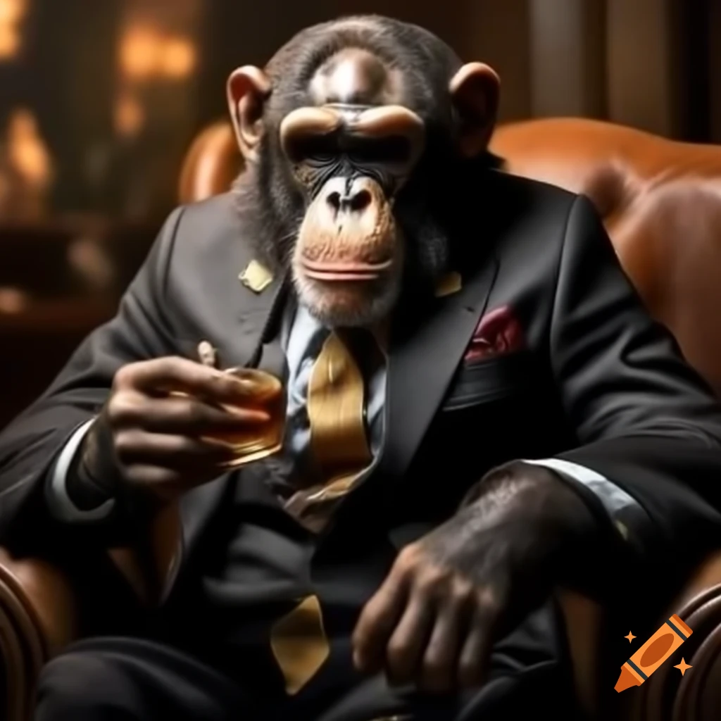 Chimpanzee in a suit relaxing in armchair with whiskey and cigar on Craiyon