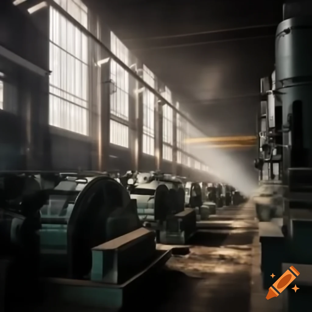 Sunlight illuminating silent machinery in a steel grey factory on Craiyon