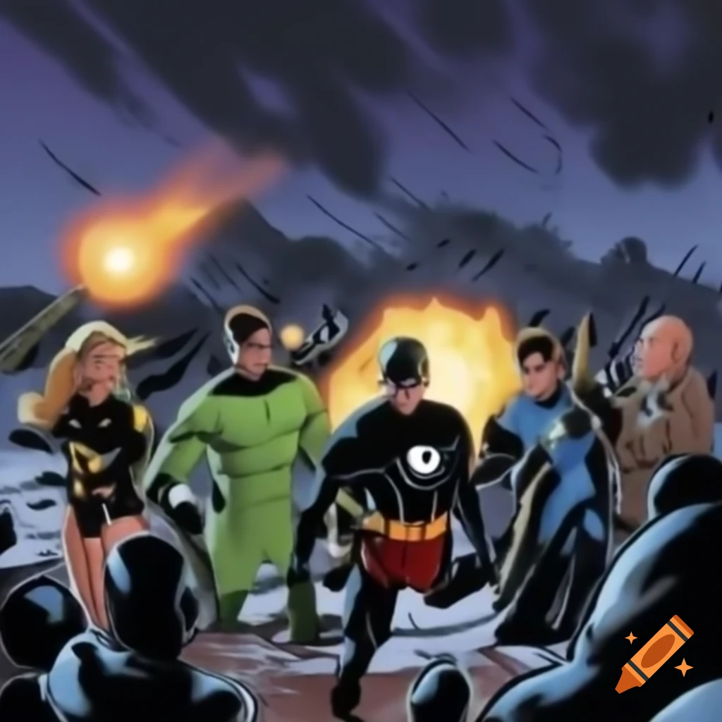 Comic illustration of teamwork and cooperation in stormy cosmic ...