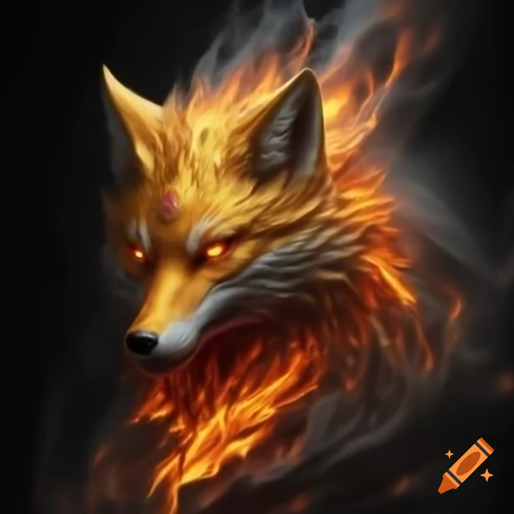Golden kitsune made of fire with glowing eyes and multiple tails on Craiyon