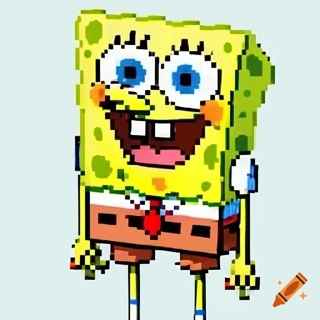8-bit pixel art of SpongeBob SquarePants with exaggerated expression on ...