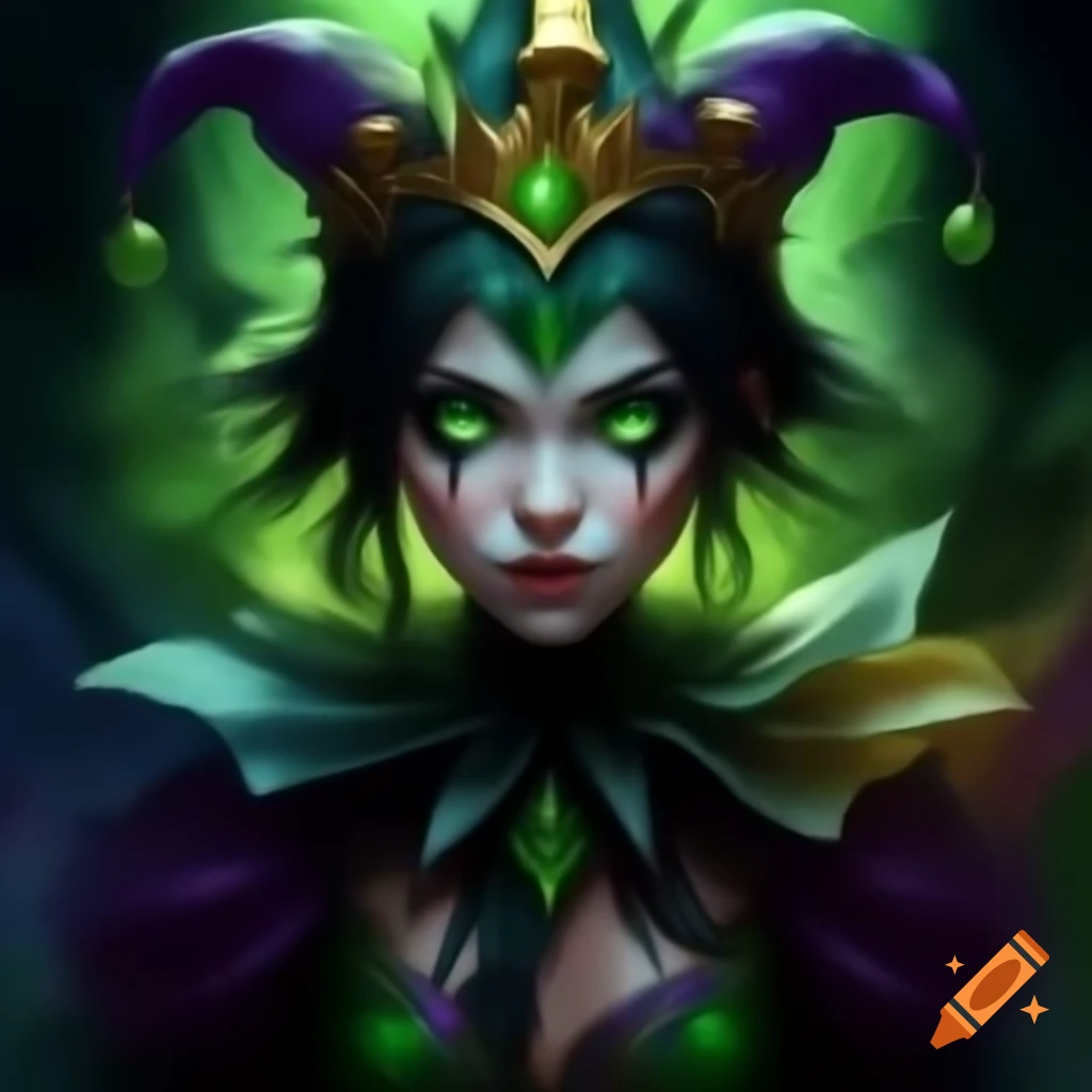 Crouching girl with black hair and emerald eyes in jester crown and patchwork skirt on Craiyon