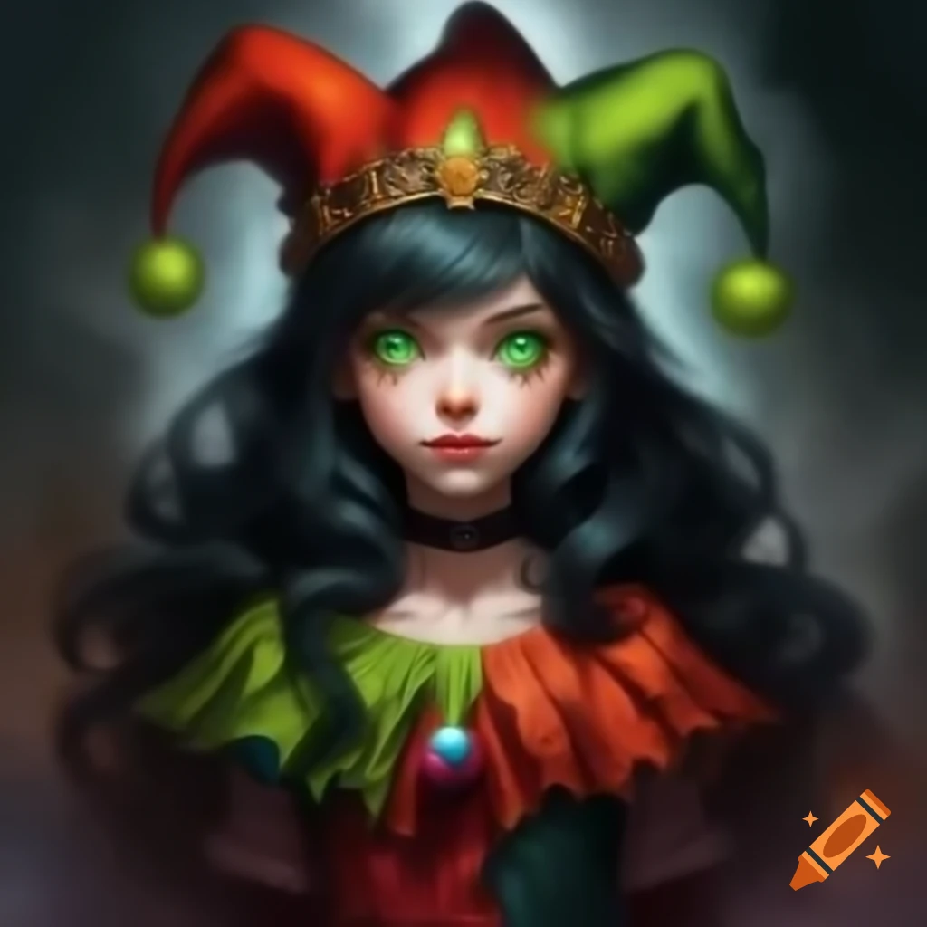 Crouching girl with black hair and emerald eyes in jester crown and patchwork skirt on Craiyon