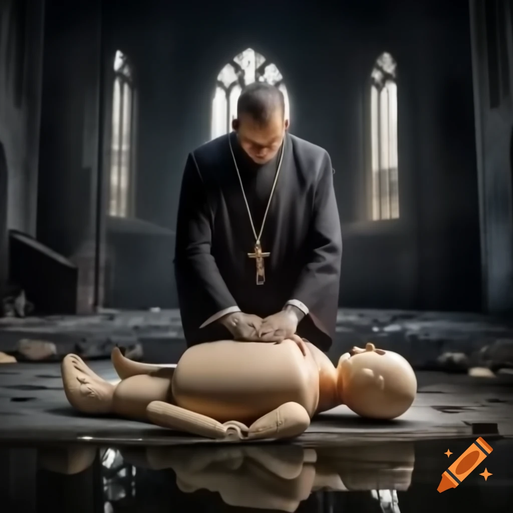 CPR dummy priest baptizing another dummy in dark abandoned church on Craiyon