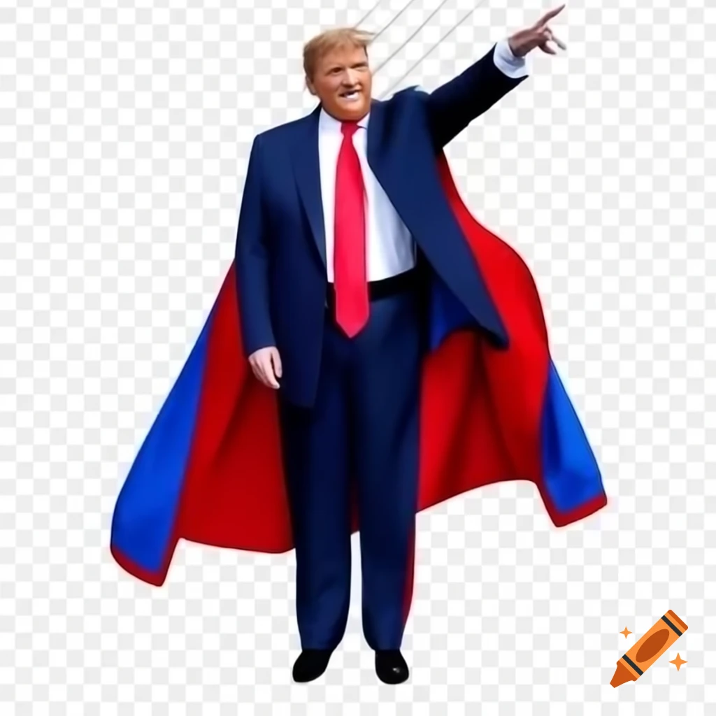 Donald Trump wearing a superhero cape smiling triumphantly on Craiyon