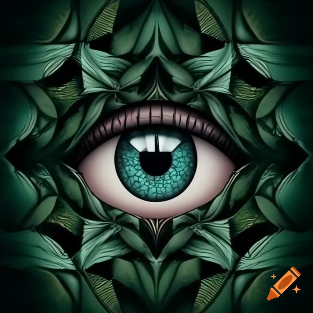 Tessellation with repeating eye patterns and leafy forms, evoking a ...