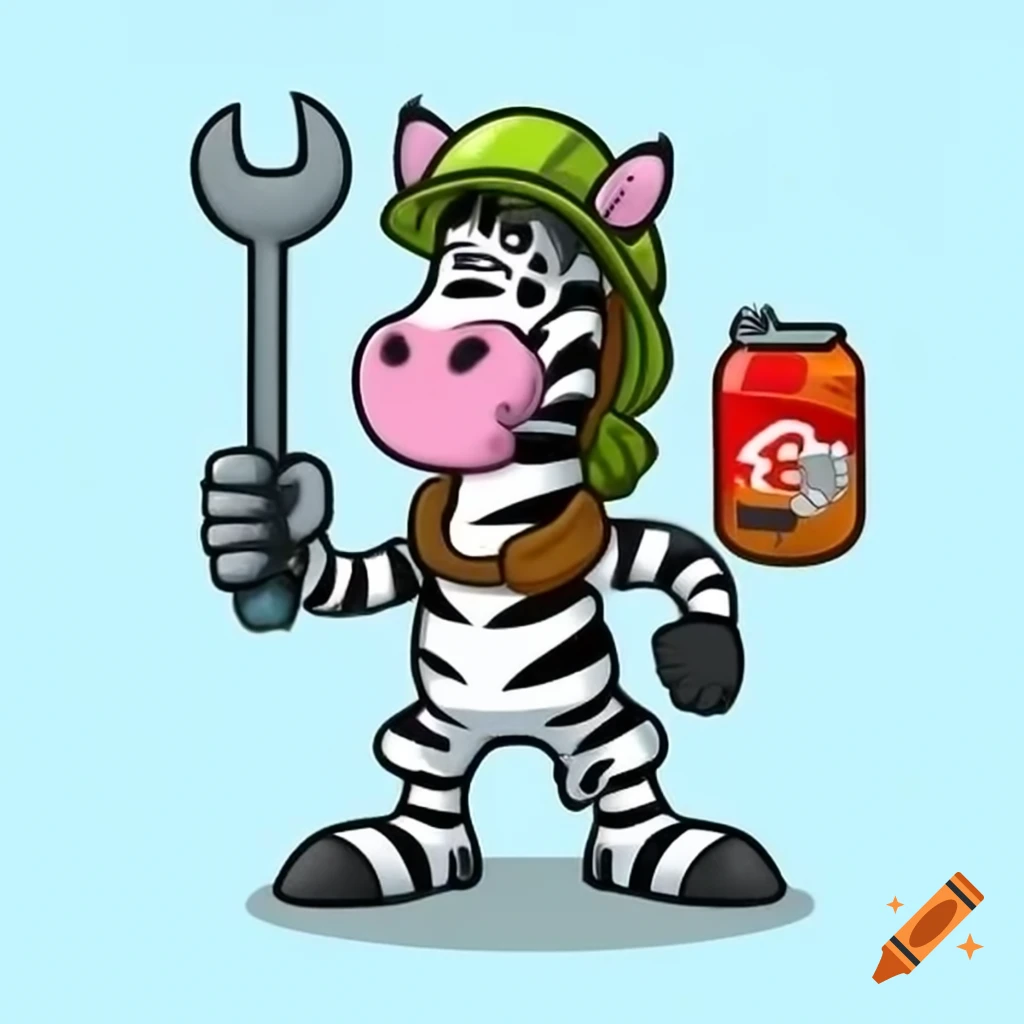 Cartoon zebra in army helmet holding wrench and energy drink on Craiyon