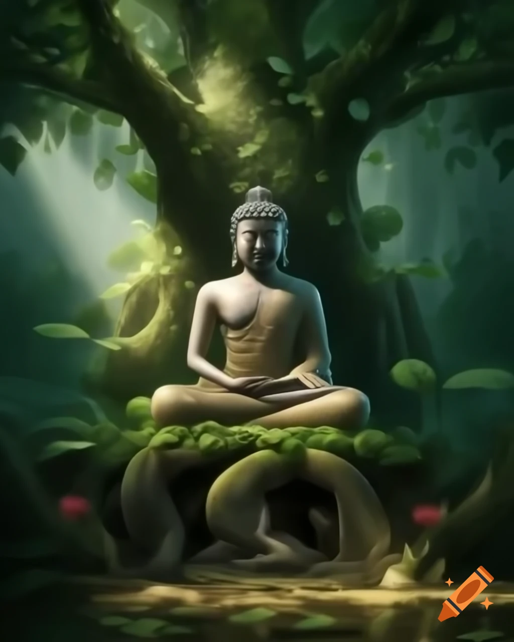 Gautam buddha meditating under a majestic tree in a peaceful jungle ...