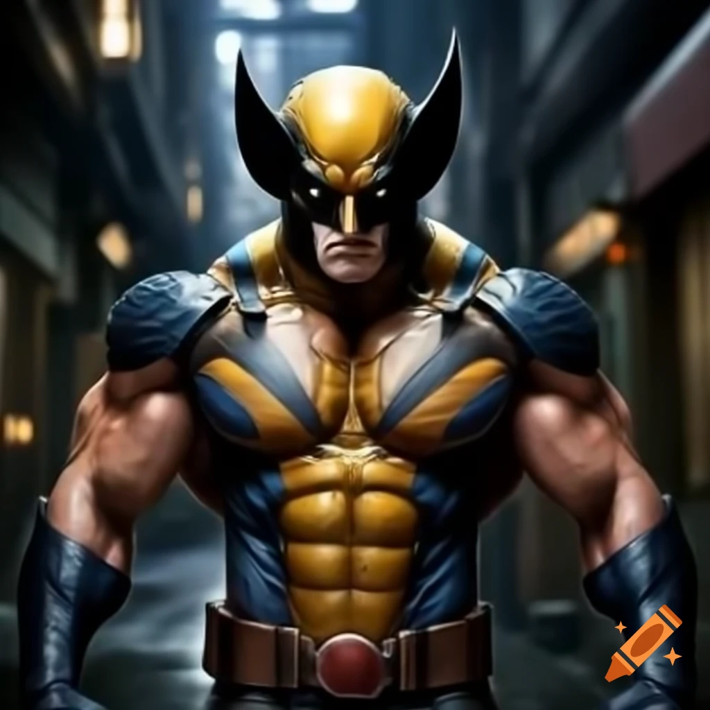 Muscular wolverine in black and gold uniform flexing in dark alley at ...