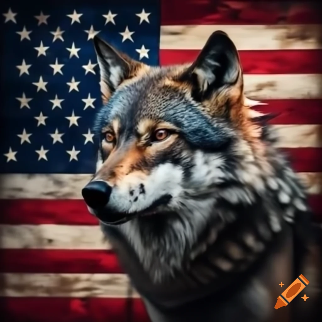 Tattered American flag with howling wolf profile in vibrant colors on ...
