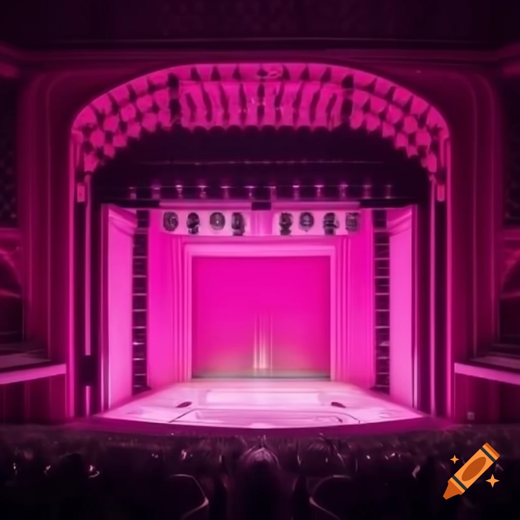 Creative pink K-pop stage set design with tall second level balcony on ...