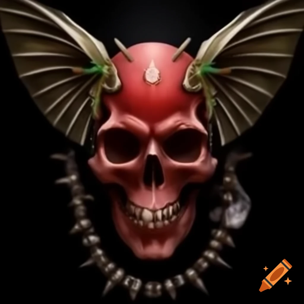Symbolic red human skull adorned with ears necklace, ork tusks, fairy ...
