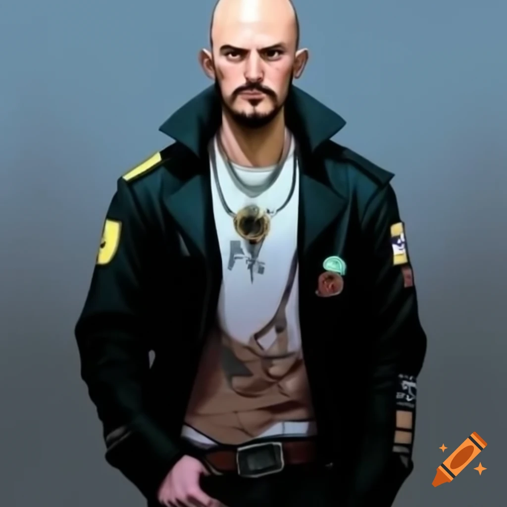 Bald man with van dyke beard and grey eyes, broad-shouldered appearance ...