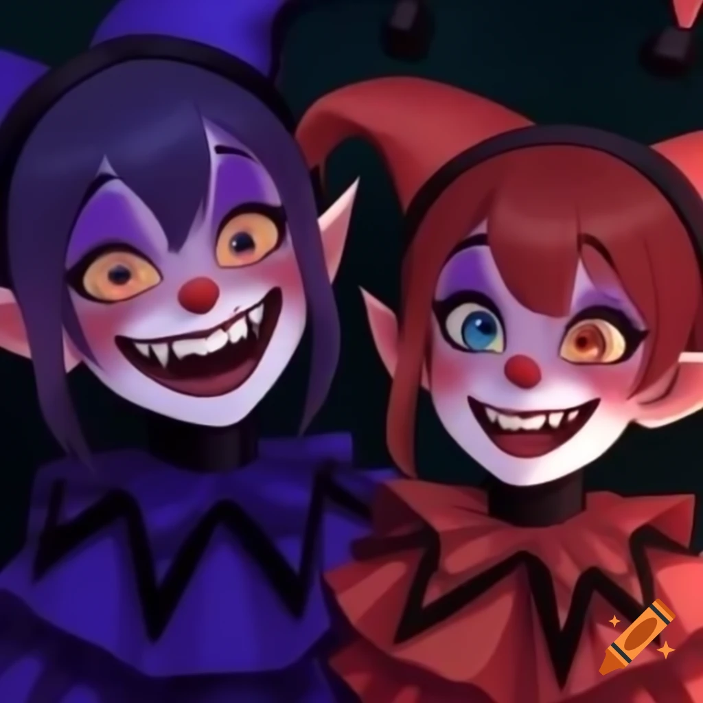 Anime jester in vibrant colors interacting with enigmatic friend in ...