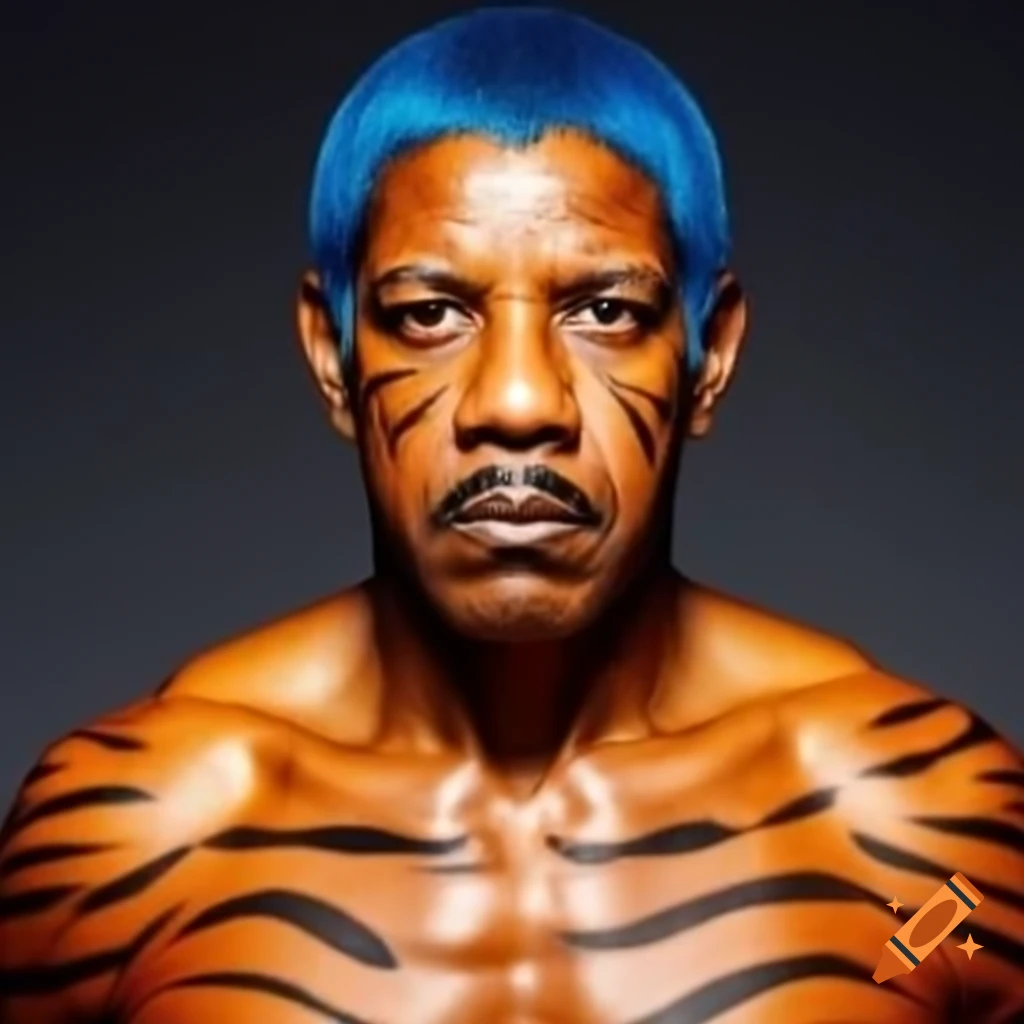 Muscular man with tiger-style makeup and colorful hair on Craiyon