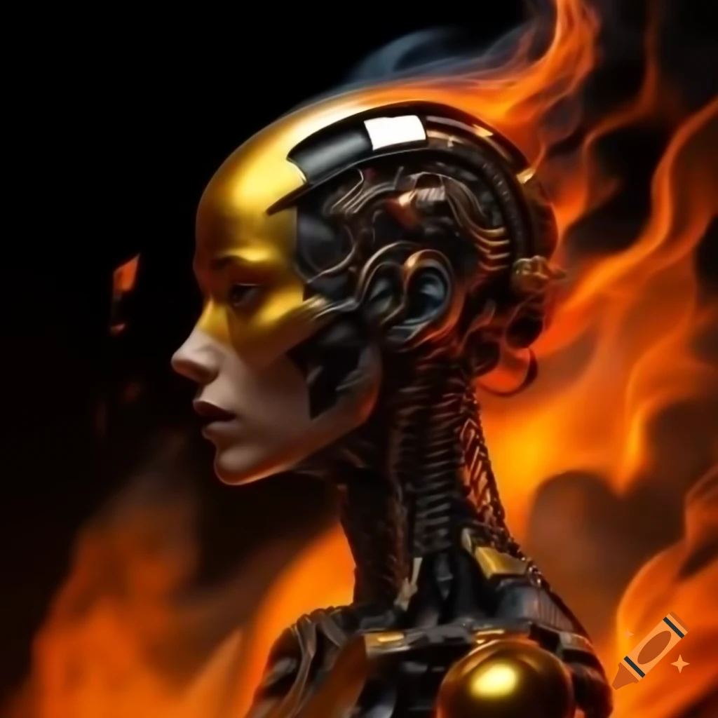 Artistic representation of fire and burning desire in gold, black, and ...