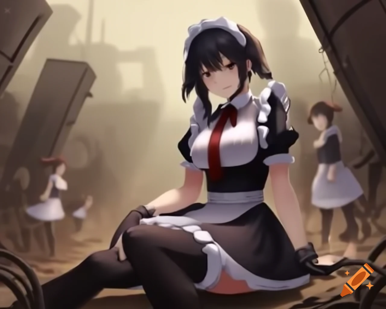 Futuristic anime girl with robotic arms in maid uniform in junkyard ...