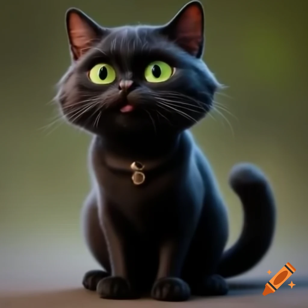 Realistic animated black Maine Coon cat with large green eyes and a ...