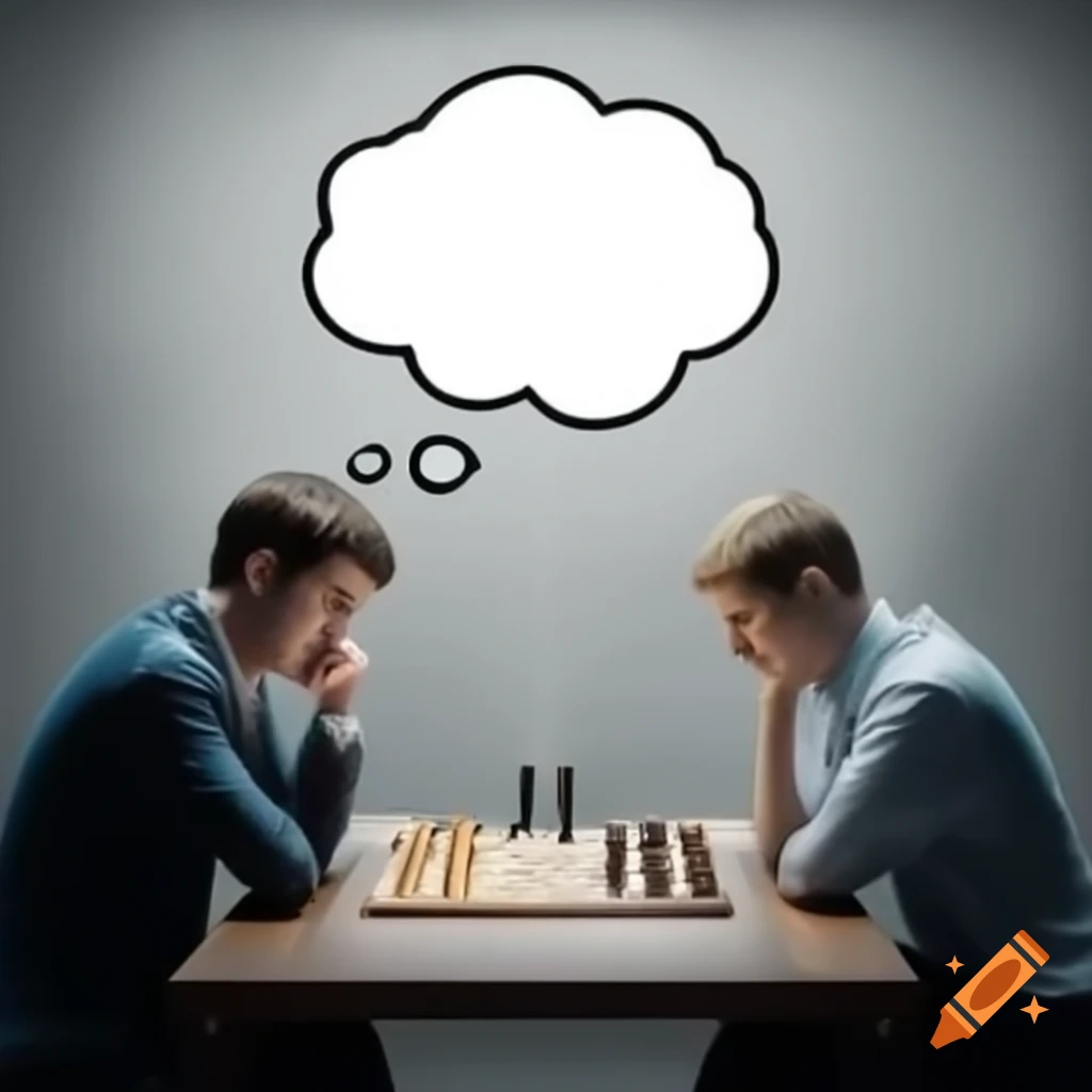 Two chess players deep in thought with blank thought logos above their ...