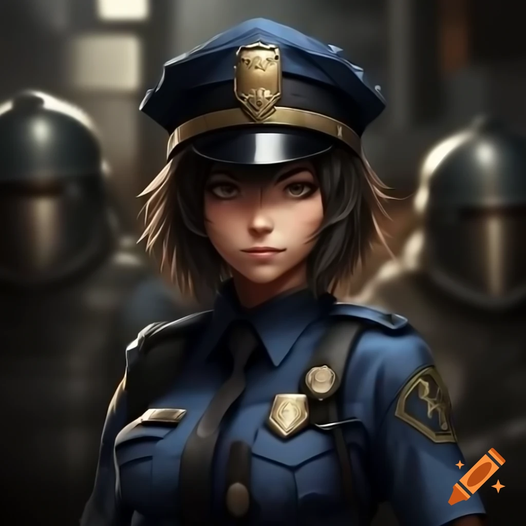 Anime police girl in shining armor standing guard against criminals on ...